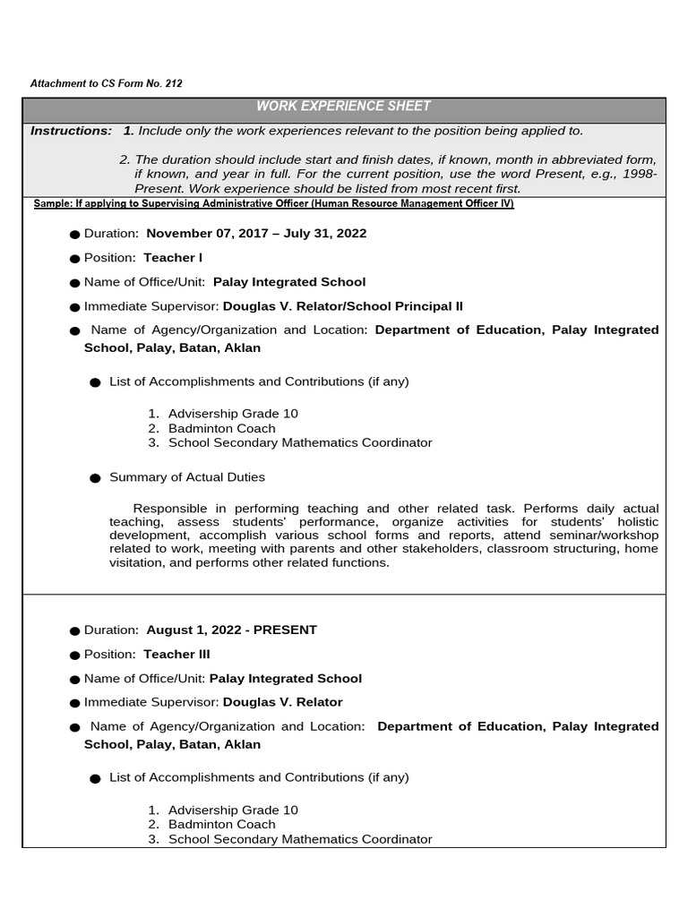 CS Form No. 212 Attachment - Work Experience Sheet | PDF | Learning