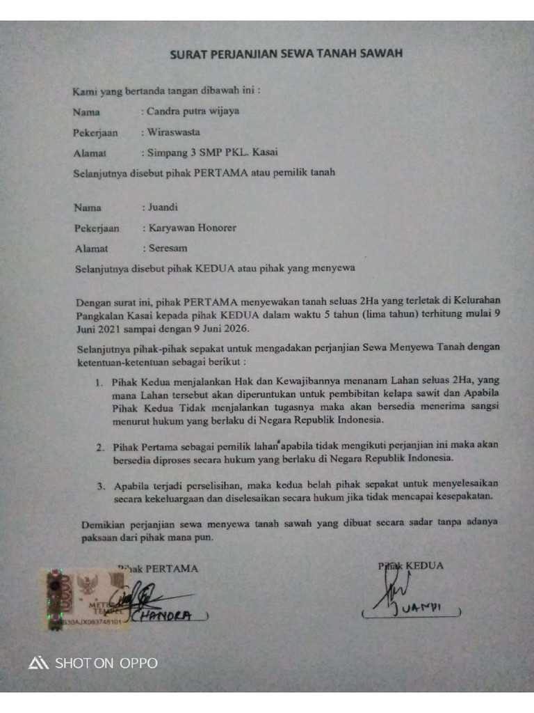 Surat Perjanjian Sewa Tanah | PDF