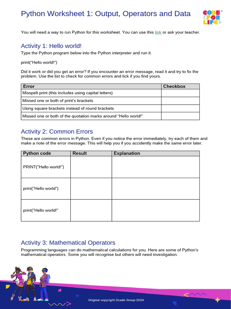 Python Worksheet 1 - Output, Operators and Data | PDF