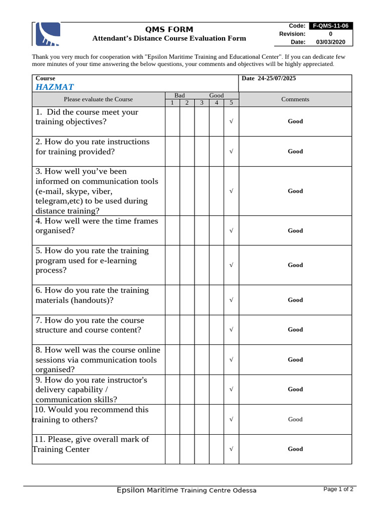 F-QMS-11-06 Att Distance Course Evaluation Form | PDF | Course ...