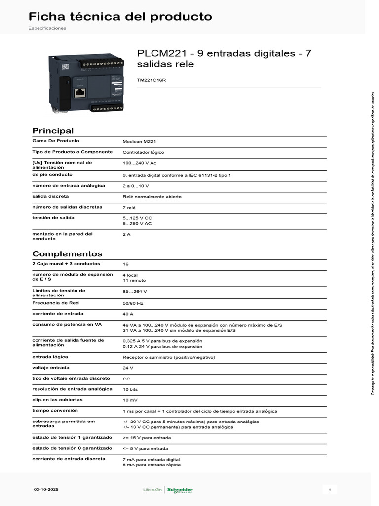 Schneider Electric - Logic-Controller-Modicon-M221 - TM221C16R | PDF | Relé | Corriente continua