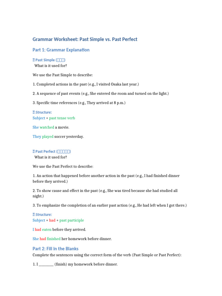 Past Simple Vs Past Perfect Worksheet | PDF