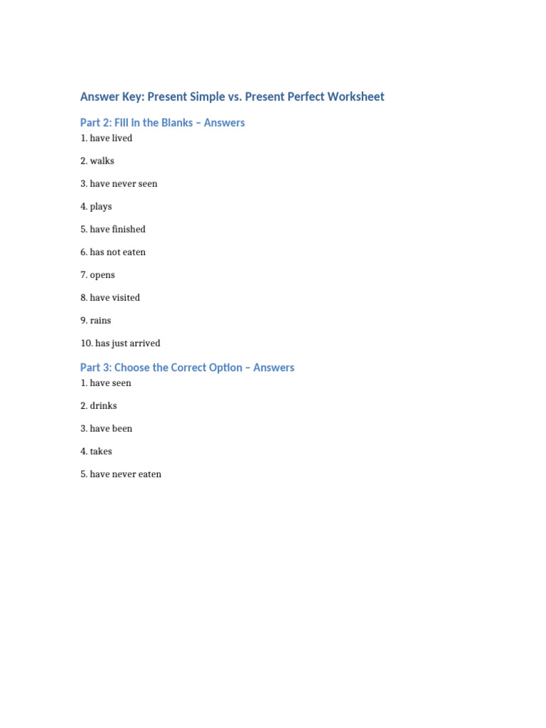 Present Simple Vs Present Perfect Answer Key | PDF