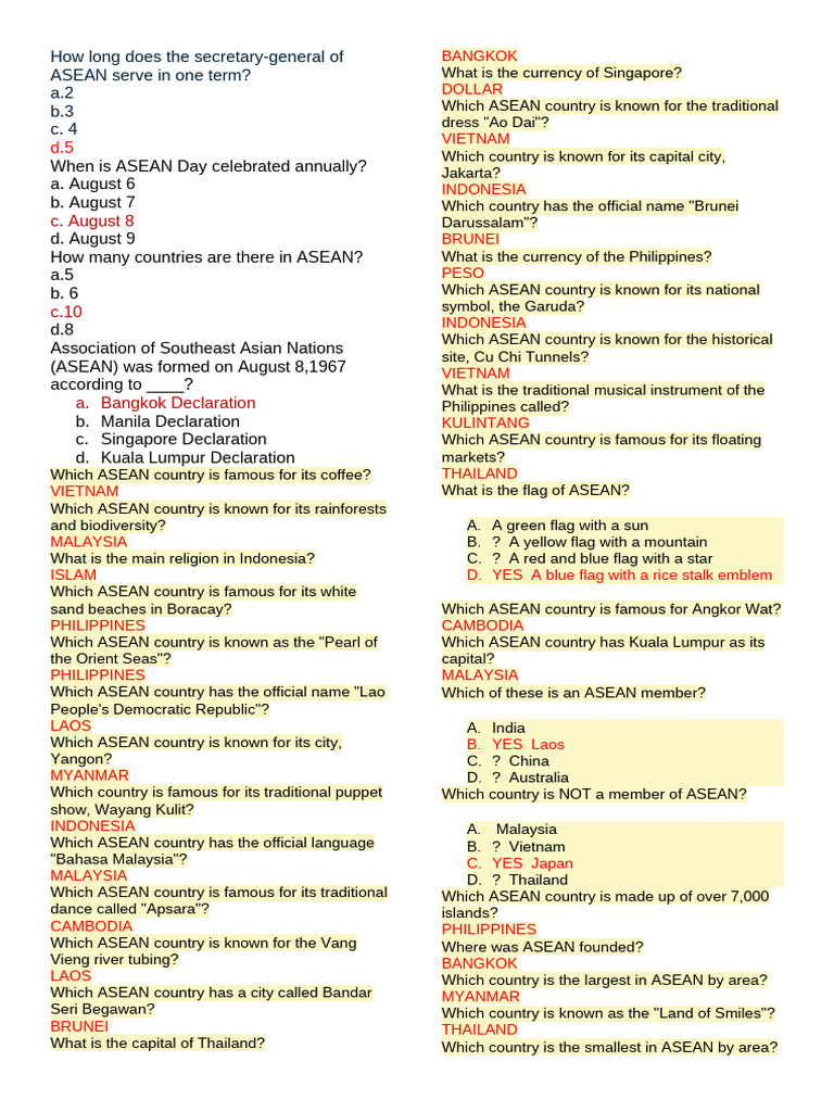 ASEAN Facts and Quiz Questions | PDF | Southeast Asia | Brunei