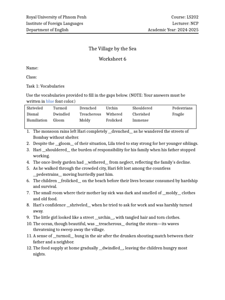 The Village by The Sea Worksheet 6 | PDF