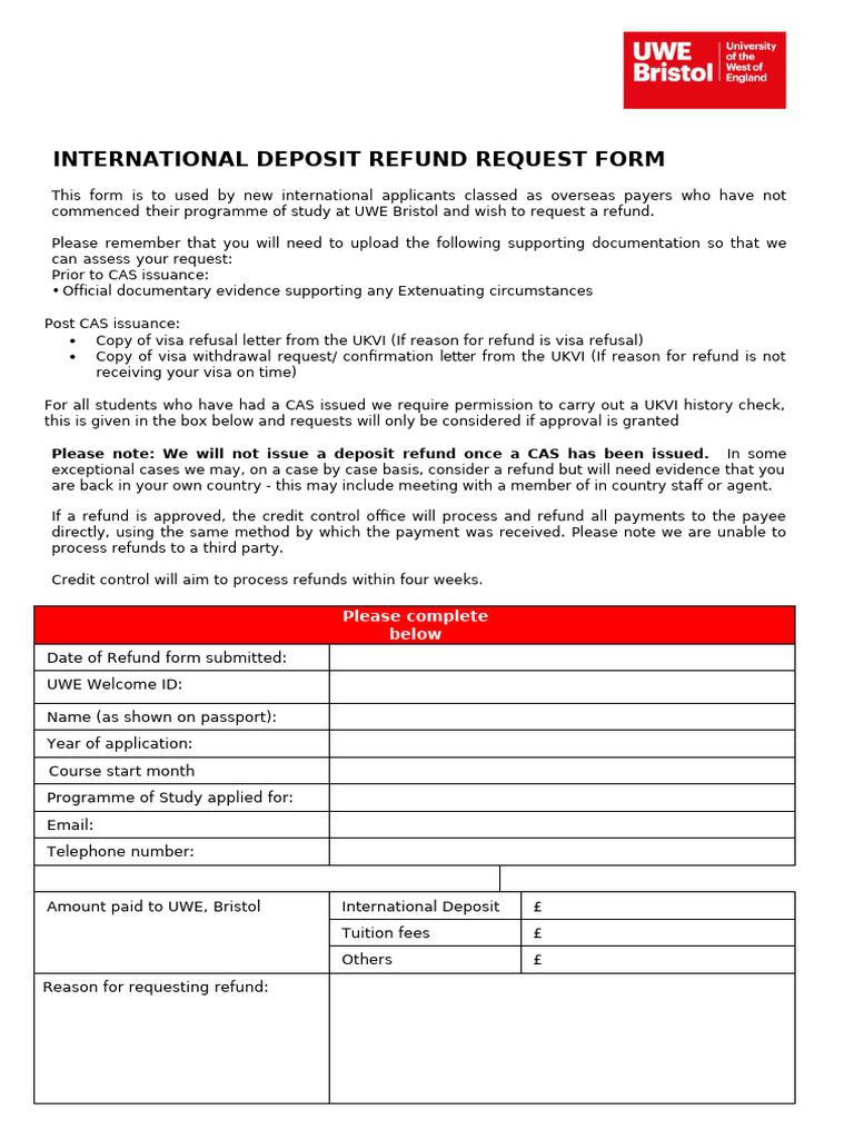 International Deposit Refund Request Form | PDF | Payments | Travel Visa