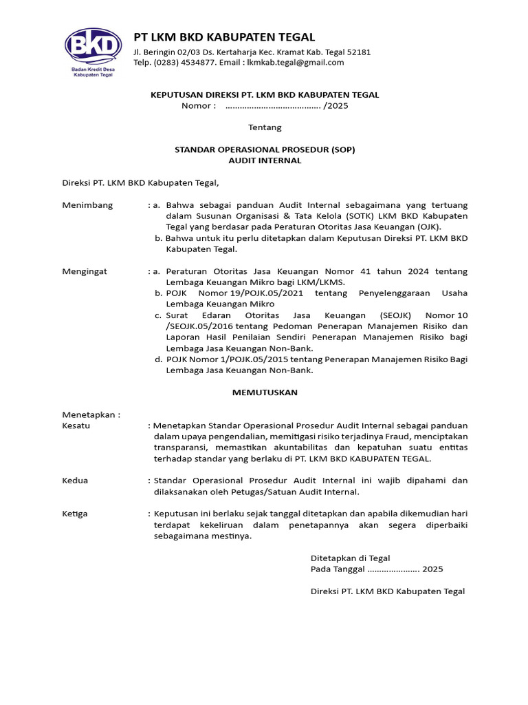 SOP Audit Internal PT LKM BKD Tegal | PDF
