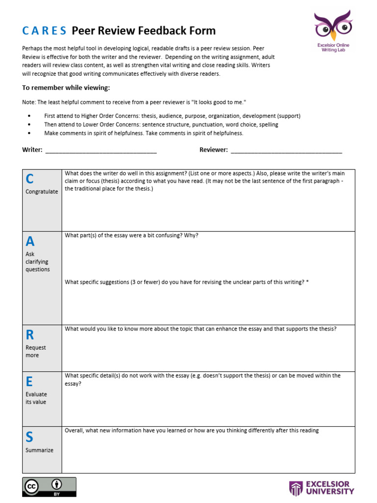 CARES Peer Review Feedback Form | PDF | Essays | Peer Review
