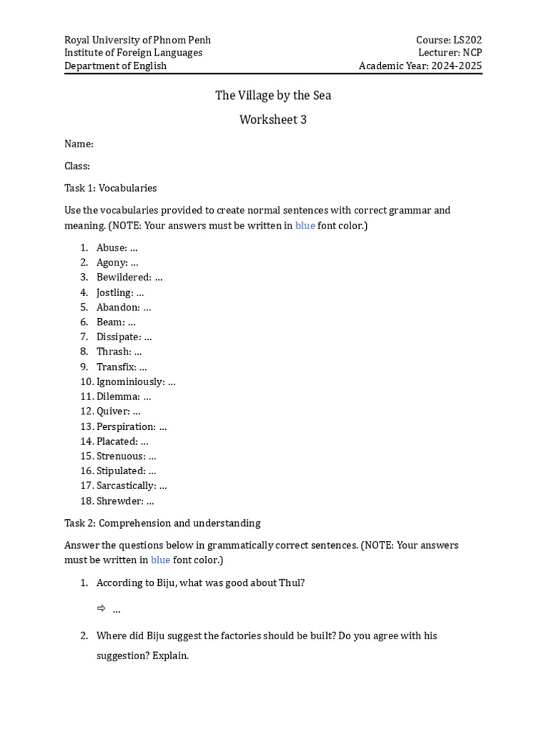 The Village by The Sea Worksheet 3 | PDF