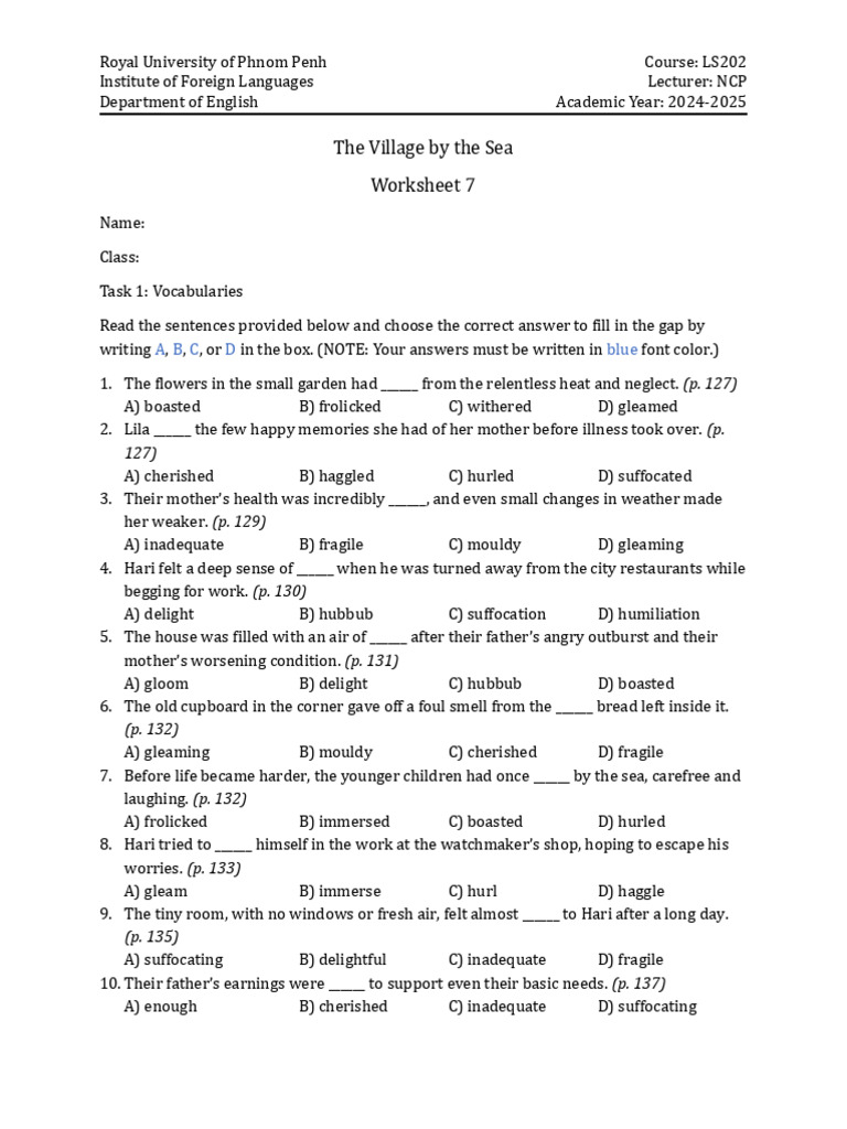 LS202 Vocabulary Worksheet: The Village by the Sea | PDF | Chess Theory
