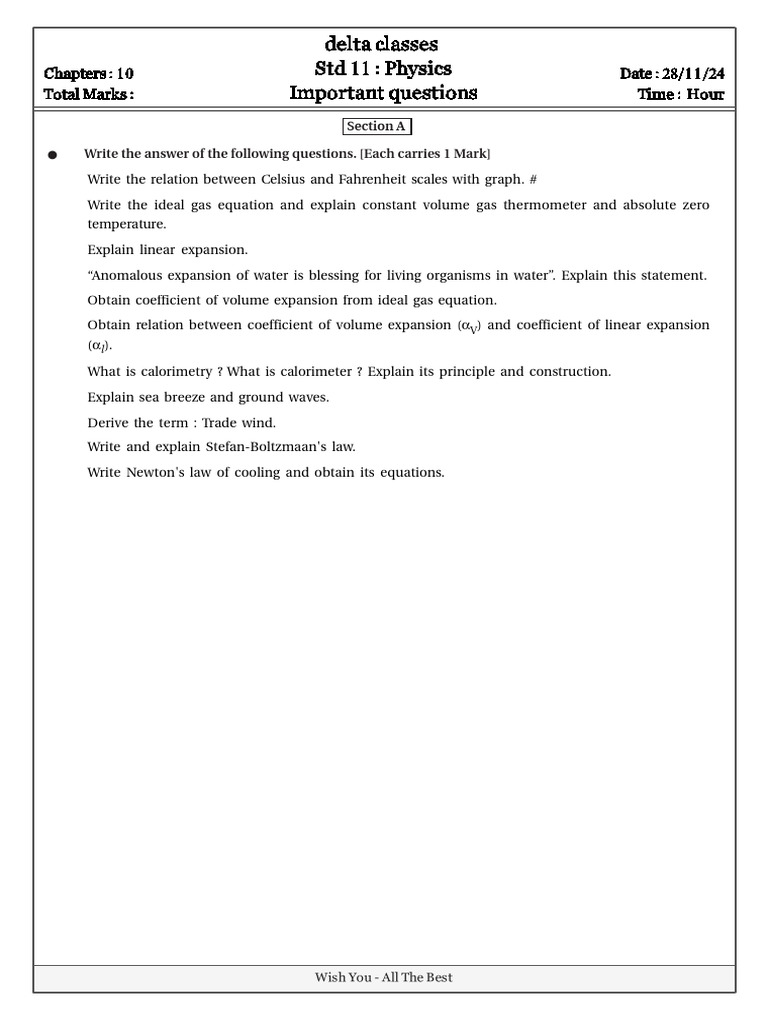 Delta Classes STD 11: Physics Important Questions: Chapters: 10 Date ...
