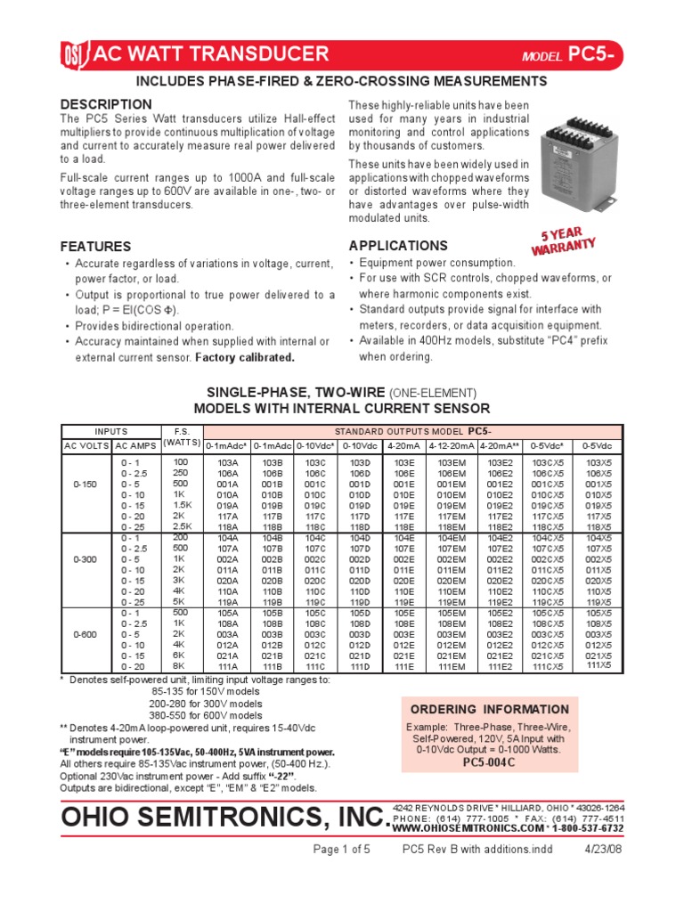 Ac Watt Transducer ModelPC5 | PDF | Watt | Alternating Current