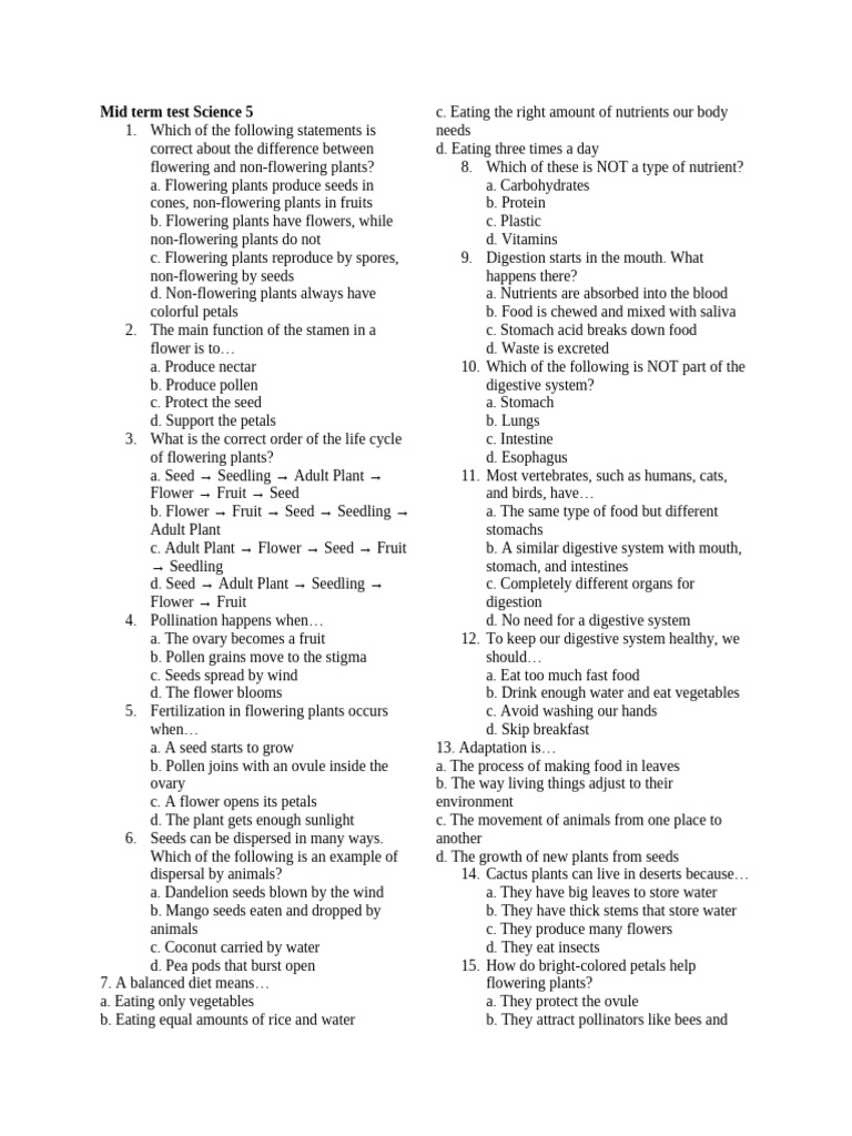 Mid Term Test Science 5 | PDF | Flowers | Foods