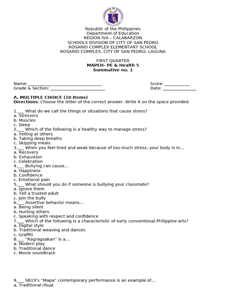 MAPEH PE & Health 5 Summative Assessments | PDF | Bullying | Animal ...
