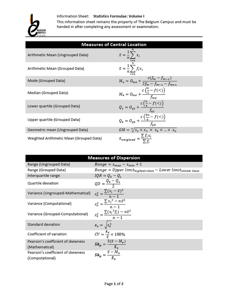 Statistics Formulae Overview Volume I | PDF | Mean | Statistical Theory