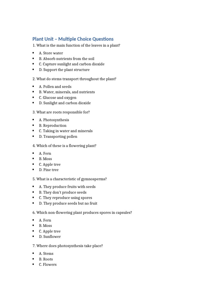 Plant Biology Quiz: Multiple Choice Questions | PDF | Plants | Flowers