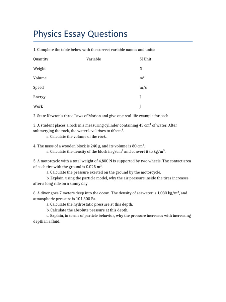 Physics Essay Questions | PDF