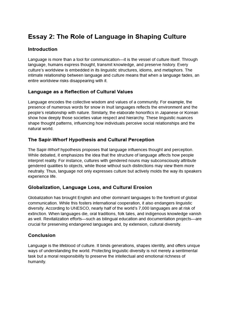 Essay 2 - The Role of Language in Shaping Culture | PDF