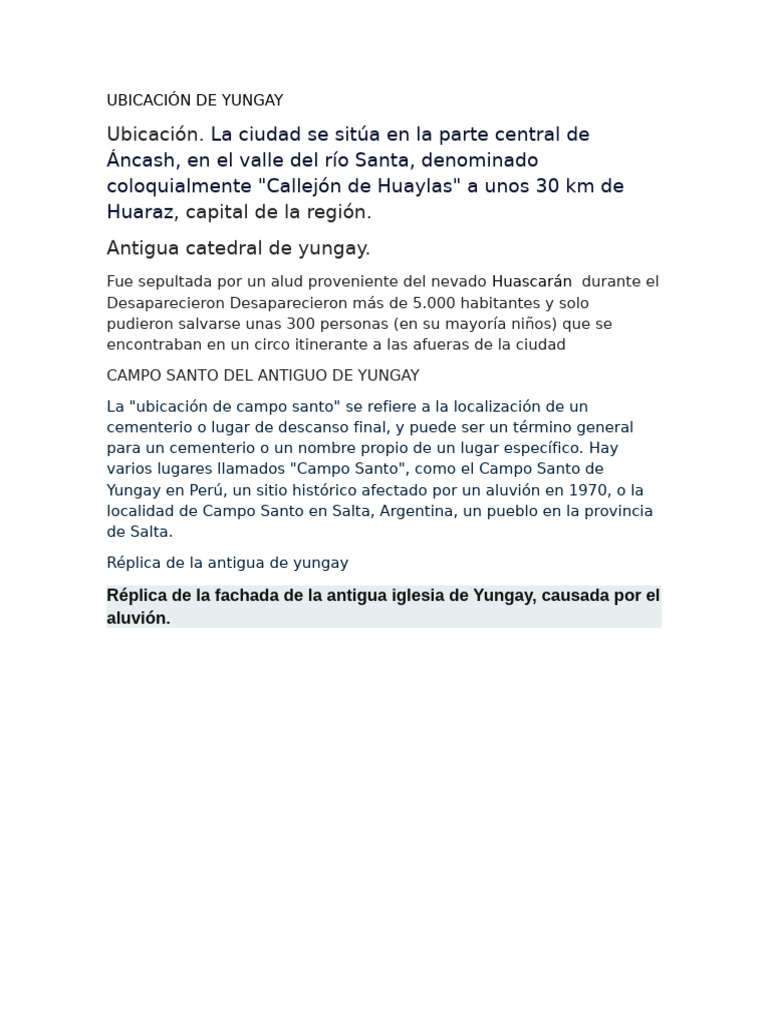 Ubicación y legado de Yungay, Perú | PDF