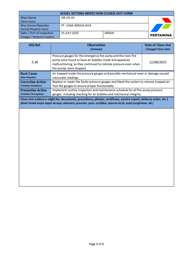5.38 - Close-Out-Form Pressure Gauge | PDF