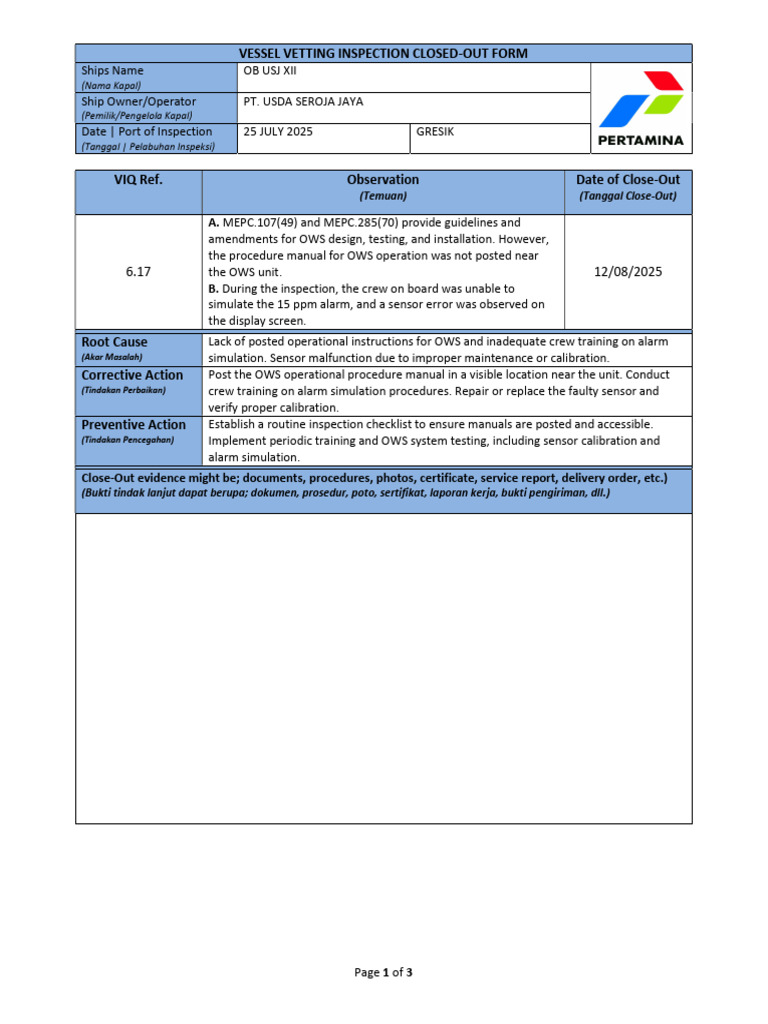 6.17 - Close-Out-Form OWS | PDF