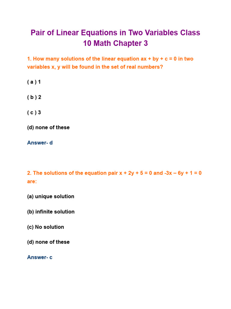 Linear Equations Solutions Guide | PDF | System Of Linear Equations ...