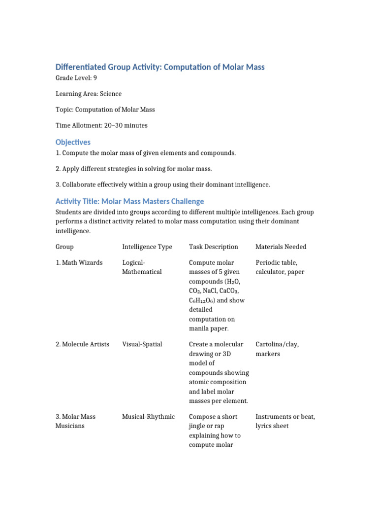 Differentiated Group Activity Molar Mass | PDF | Chemical Compounds | Mole (Unit)