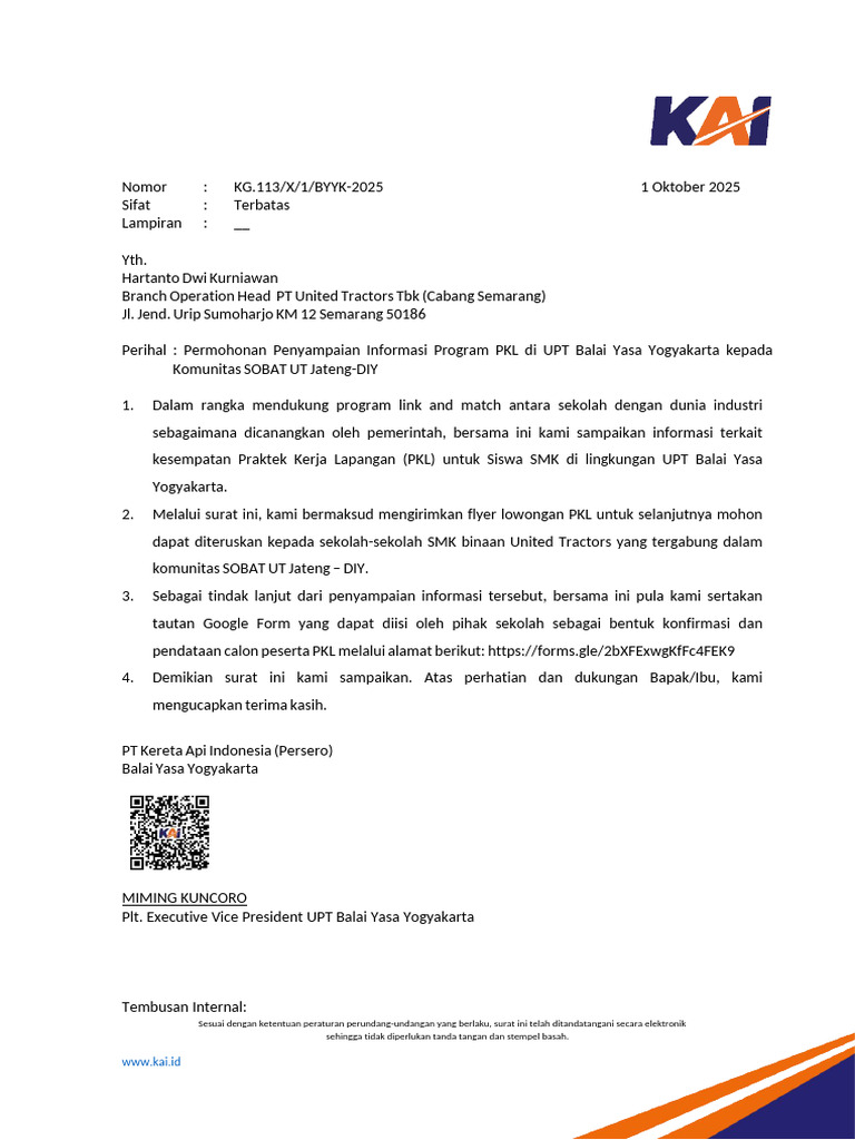 Permohonan Penyampaian Informasi Program PKL Di UPT Balai Yasa ...
