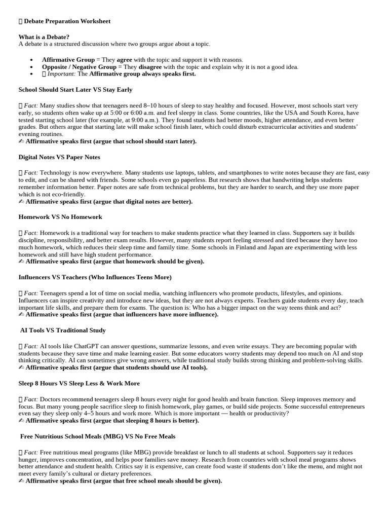 Debate Preparation Worksheet | PDF | Homework | Psychological Concepts