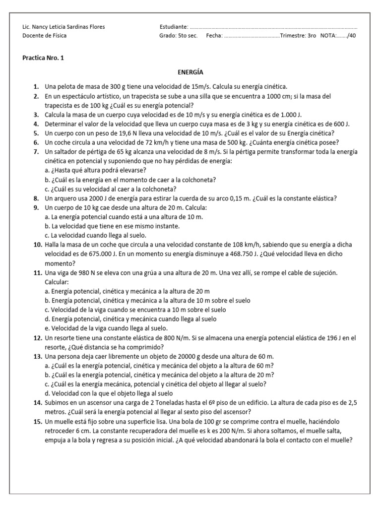 Ejercicios de Energía para 5to Secundaria | PDF | Energía cinética ...