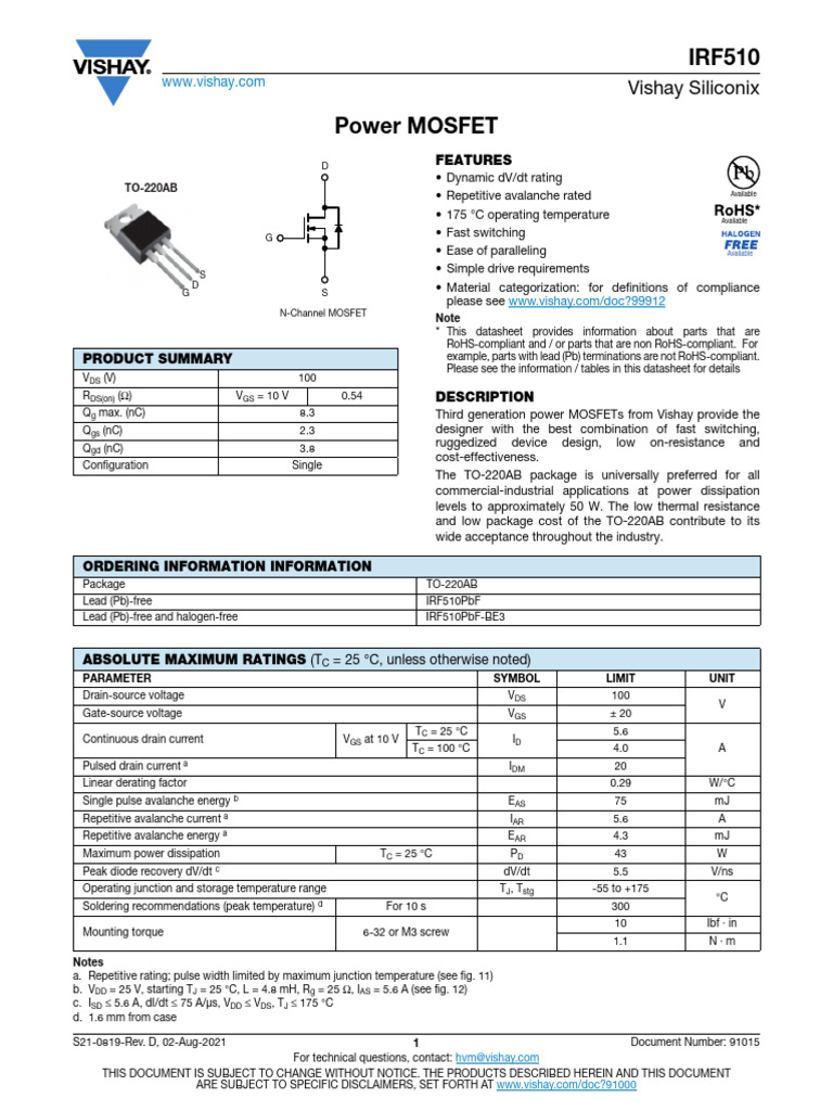 Irf 510 | PDF | Diode | Mosfet