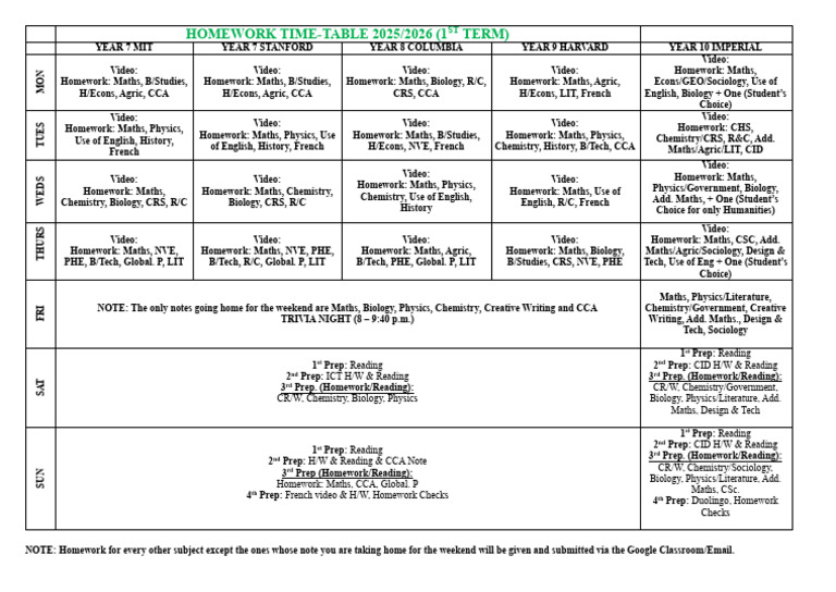 1st Term Homework Time-Table | PDF
