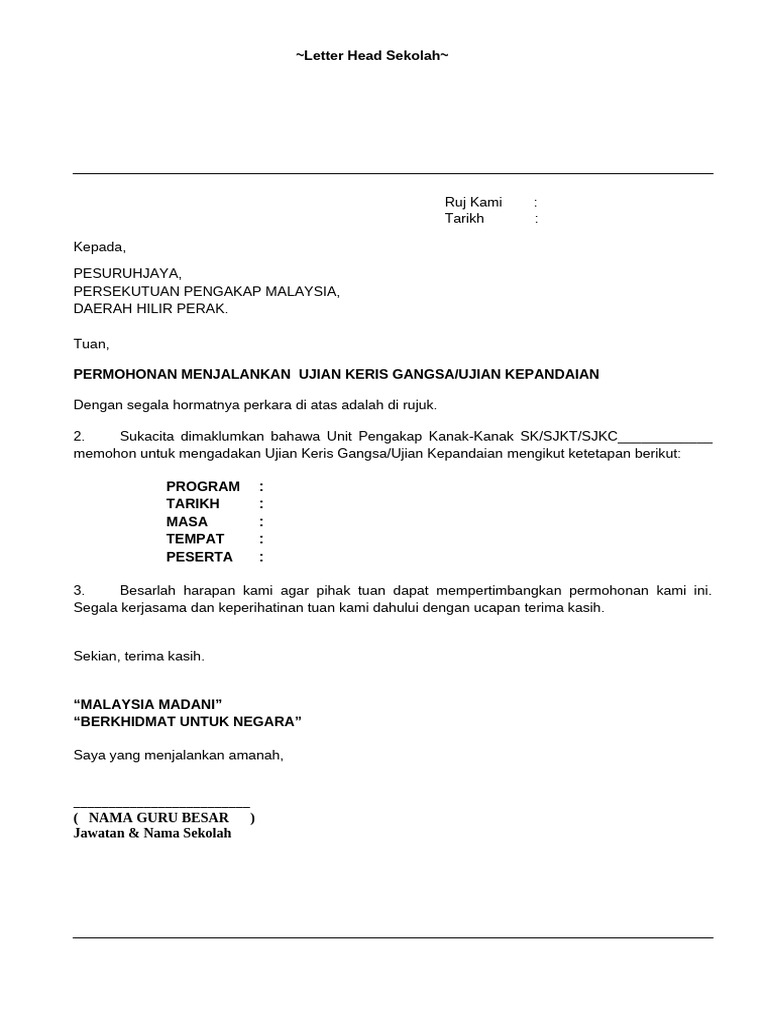 Contoh Surat Permohonan Ujian Keris Gangsa | PDF
