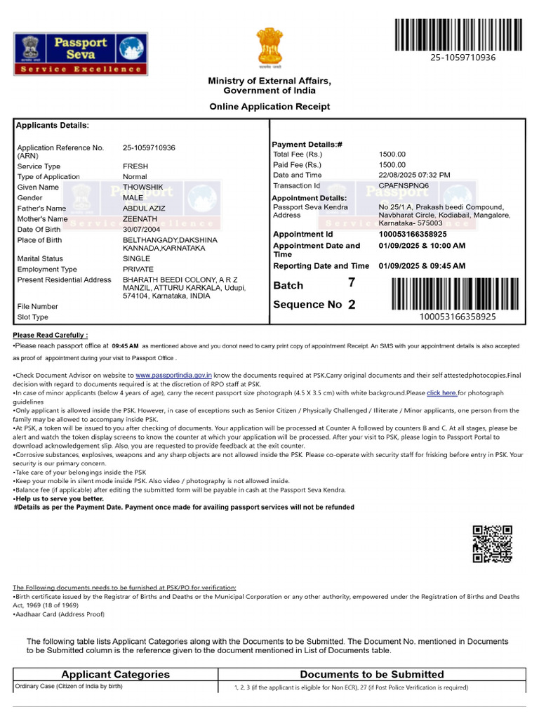 Application Receipt - THOWSHIK | PDF