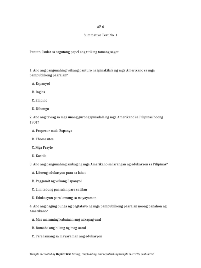 AP 6 Summative Test Q2 W1-W2 | PDF