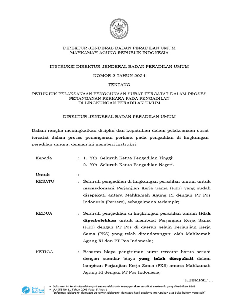 Instruksi Dirjen Badilum Surat Tercatat - Sign | PDF