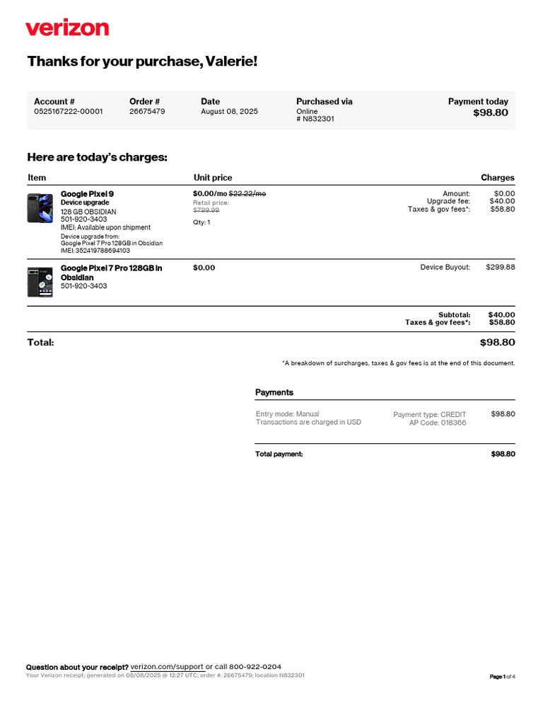 Verizon Receipt for Google Pixel Upgrade | PDF | Credit Card | Fee