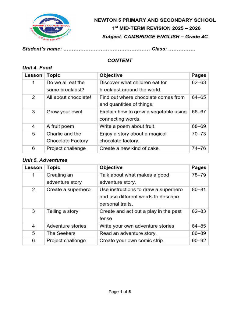 Grade 4C English Mid-Term Revision 2025 | PDF | Foods | Cereals