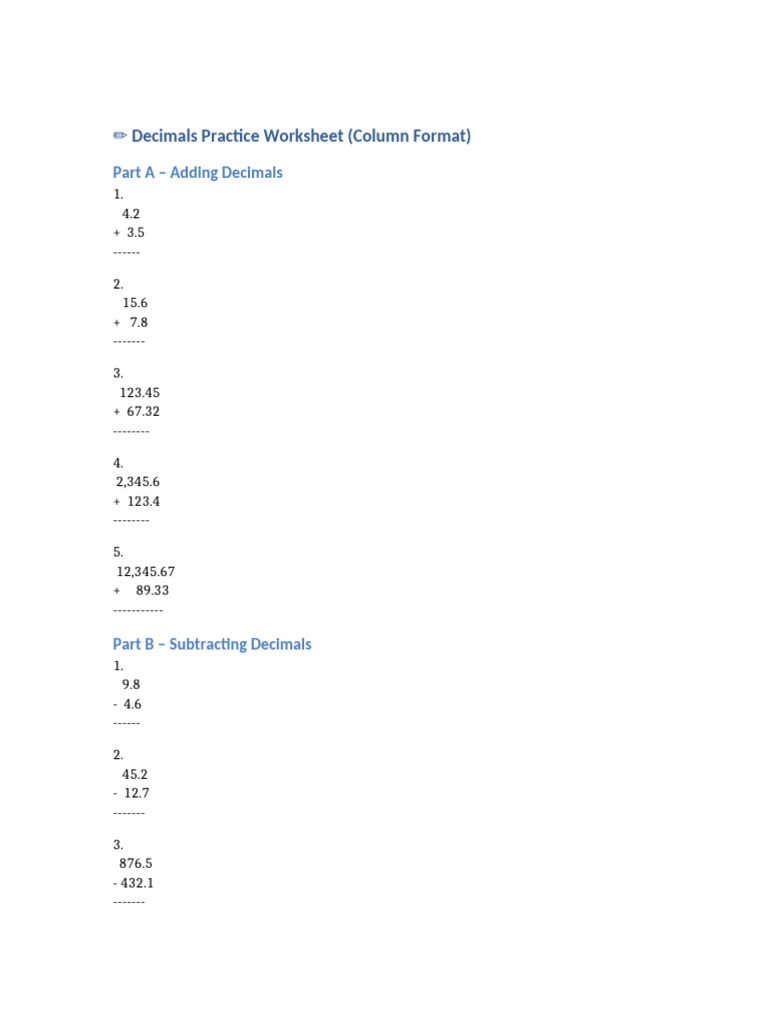 Decimals Practice Worksheet | PDF
