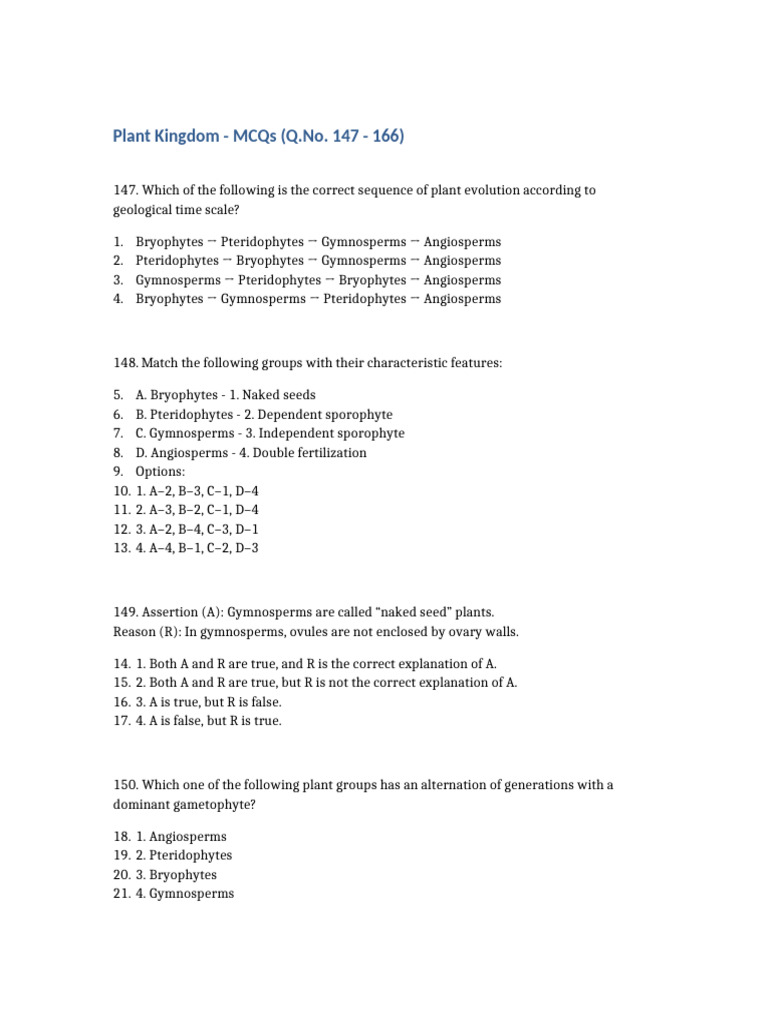 Plant Evolution MCQs: Bryophytes to Gymnosperms | PDF | Botany ...
