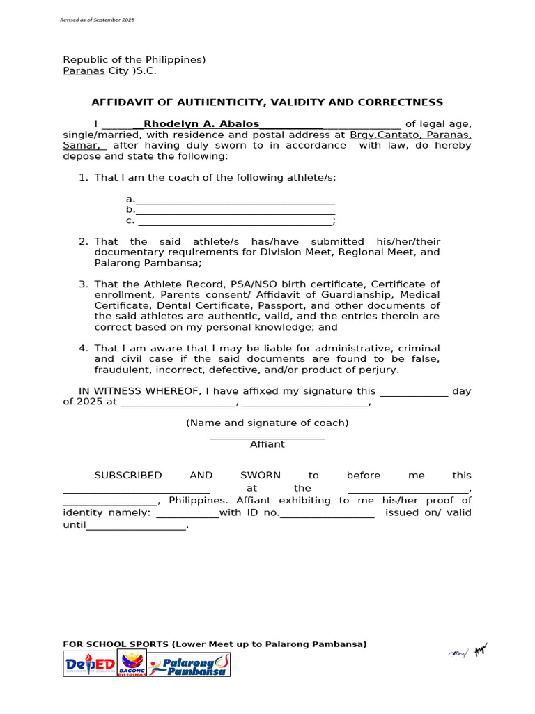 Affidavit of Authenticity Validity and Correctness 2025 | PDF
