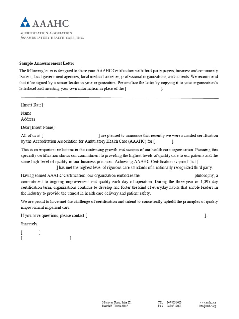 AAAHC Certification Announcement Letter | PDF