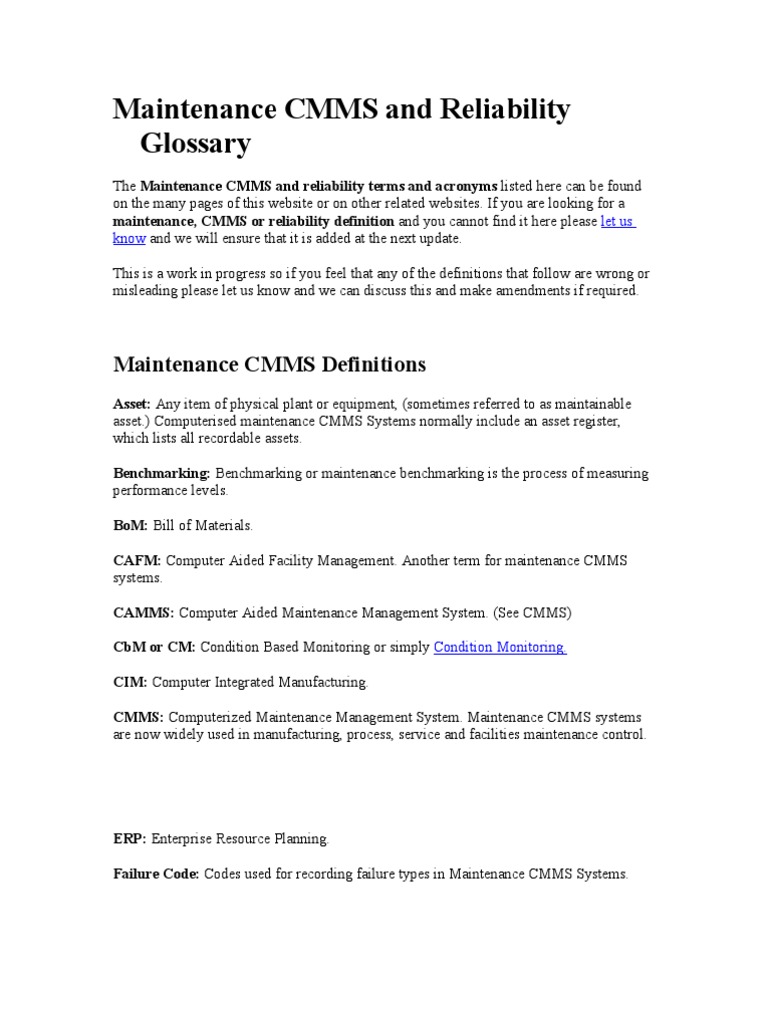 Maintenance CMMS and Reliability Glossary | PDF | Engineering | Industries