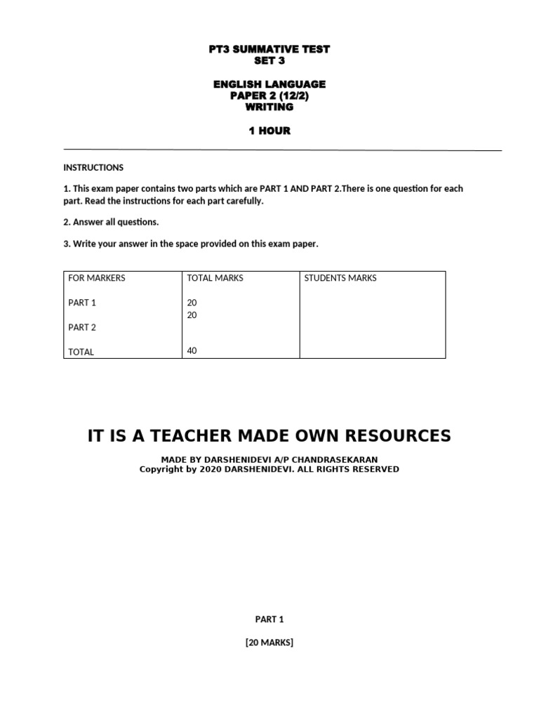 Pt3 Summative Test Writing Paper Set 3 | PDF | Educational Assessment ...