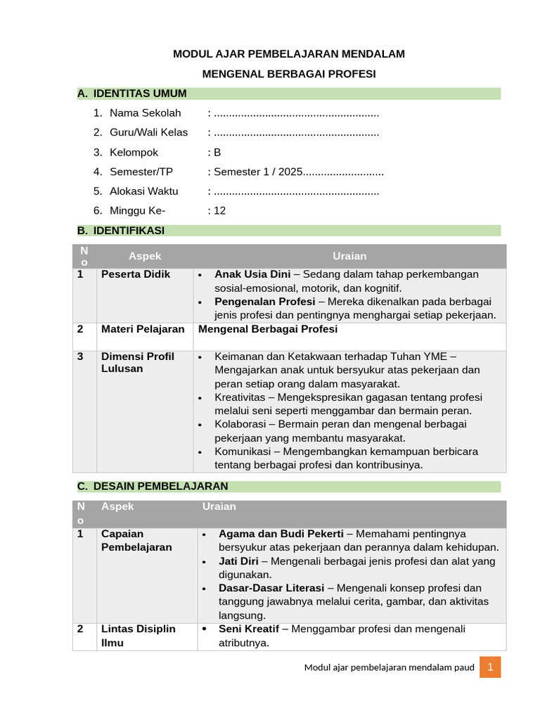 Modul Ajar Mengenal Profesi PAUD | PDF
