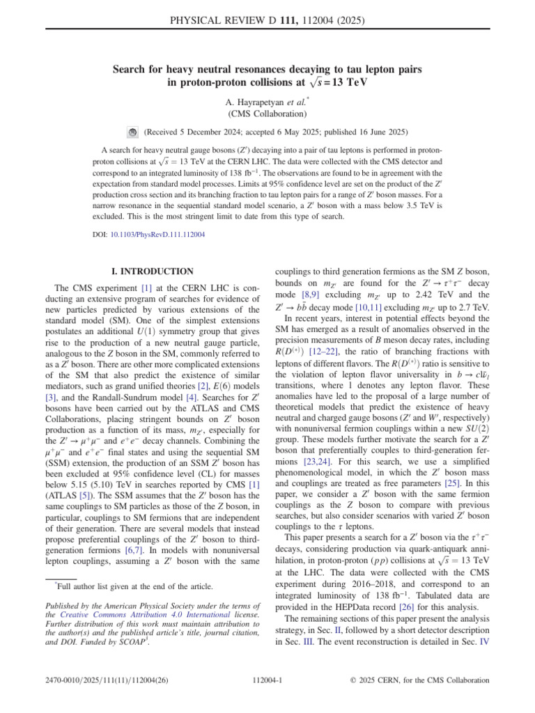 PhysRevD 111 112004 | PDF | Standard Model | Large Hadron Collider