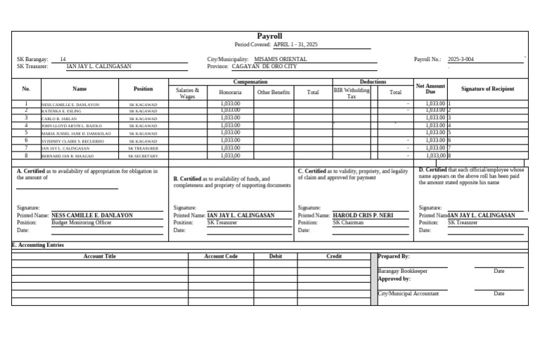 2025 03 004 SK Honorarium April | PDF | Payroll | Payments