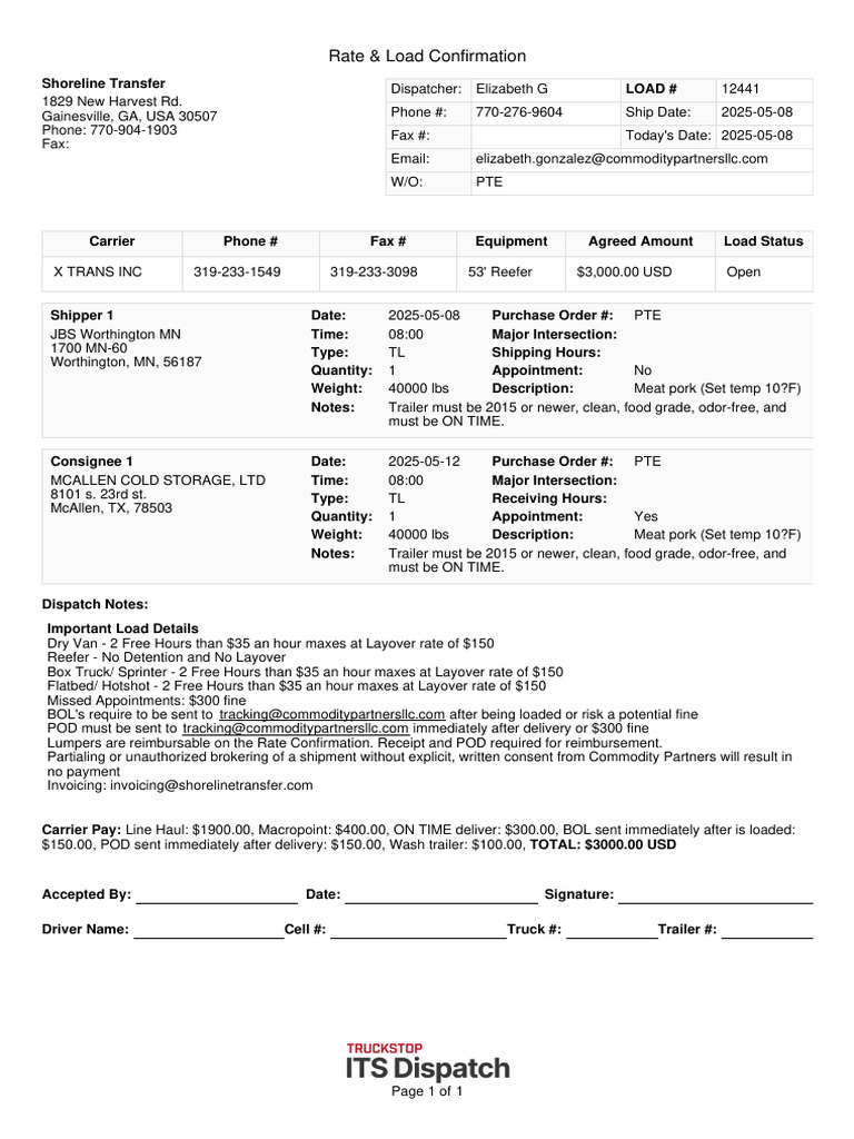 Shoreline Transfer Load Confirmation | PDF | Freight Transport | Transport