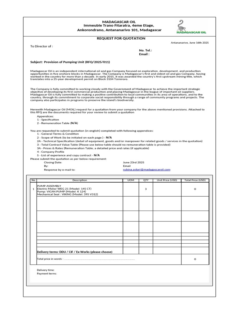 01 - RFQ HFO Pump | PDF | Madagascar