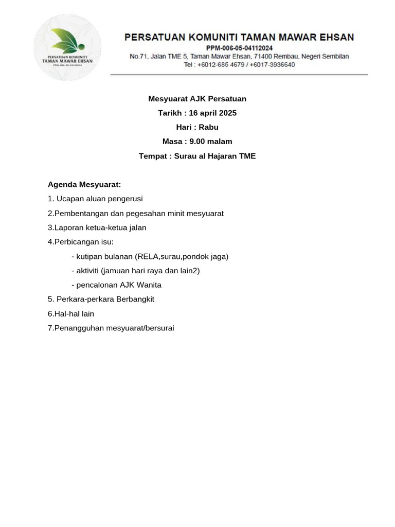 Agenda Mesyuarat AJK Persatuan | PDF